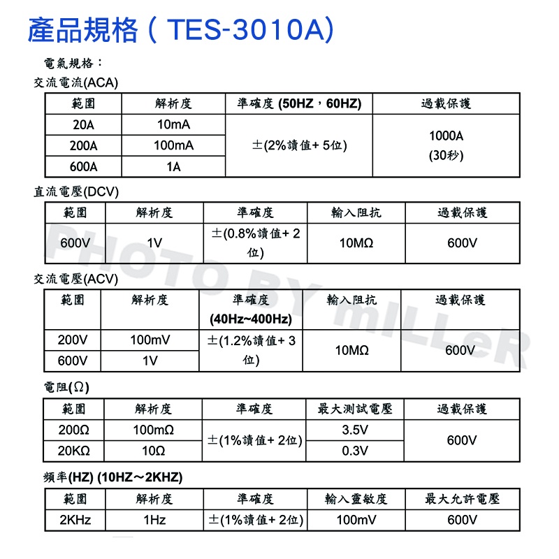 【含稅-可統編】泰仕 TES-3010A 數位交流鉤錶 交流電流：20A 200A 600A 頻率 / 二極體測量功能 | 蝦皮購物