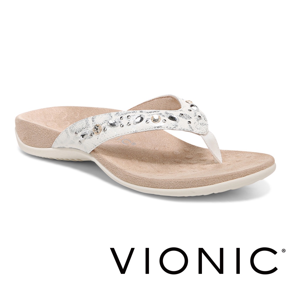【VIONIC 法歐尼】Lucia露西亞 牛皮壓紋晶鑽寶石裝飾夾腳拖人字拖鞋(白/淺褐 共2色) | 蝦皮購物