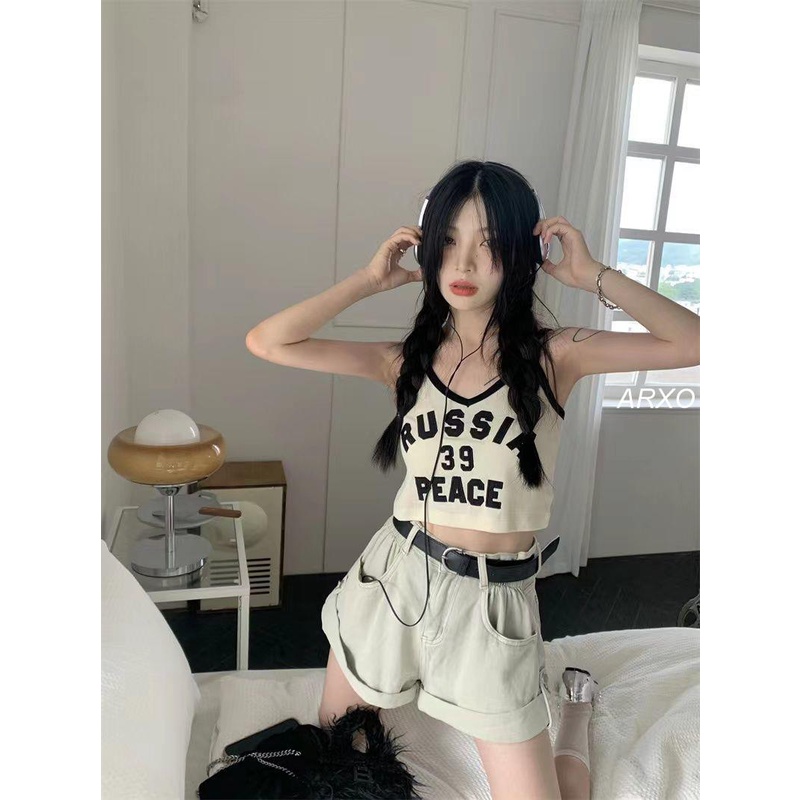 ARXO 小可爱 復古美式辣妹字母吊帶背心夏季辣妹修身短款露臍外穿內搭bm上衣女 | 蝦皮購物
