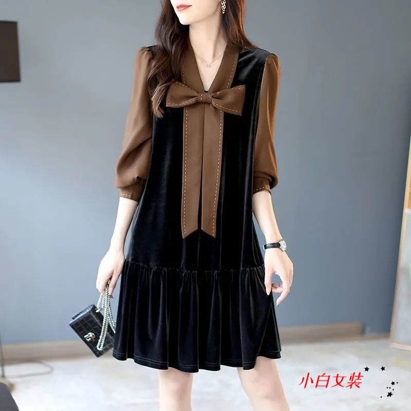 年輕媽媽裝 長袖洋裝女 春秋季韓版女裝 胖mm小個子遮肉顯瘦顯高撞色拼接洋裝 時尚氣質黑色大尺碼4XL 蝴蝶結裝飾A字裙 | 蝦皮購物