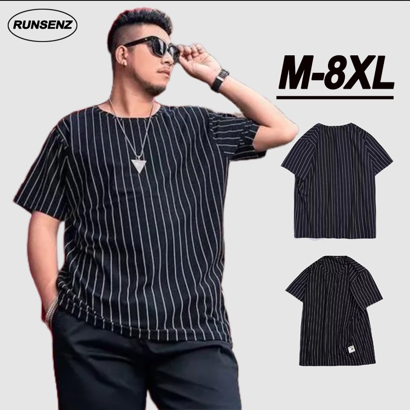 M-8XL 超顯瘦直條紋上衣男 黑色條紋短袖 T恤 大尺碼 寬鬆落肩短t 圓領 休閒 加大尺碼 男生衣服 韓版 | 蝦皮購物
