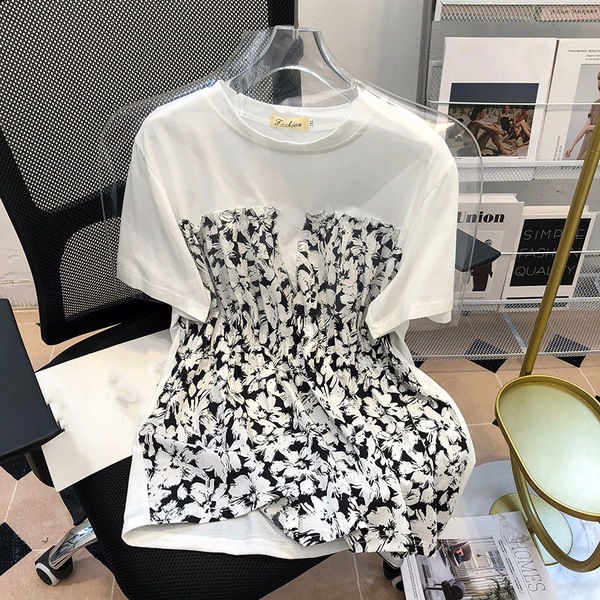 【特大尺碼M-5XL 40-150kg】夏季新款胖MM大尺碼假兩件300斤百搭設計感小眾碎花短袖T恤上衣女潮 | 蝦皮購物