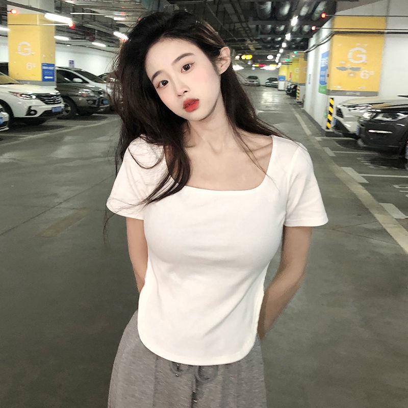 L~4XL 女生大尺碼短袖T恤遮肚子夏季新款胖mm露鎖骨方領不規則上衣學院風時尚百搭ins潮 | 蝦皮購物