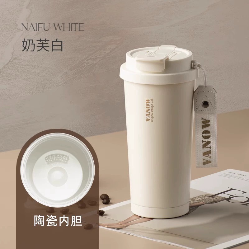 【現貨】英國Vanow咖啡杯 500ML女生高顏值保溫杯 陶瓷內膽 不鏽鋼隨行吸管水杯 | 蝦皮購物