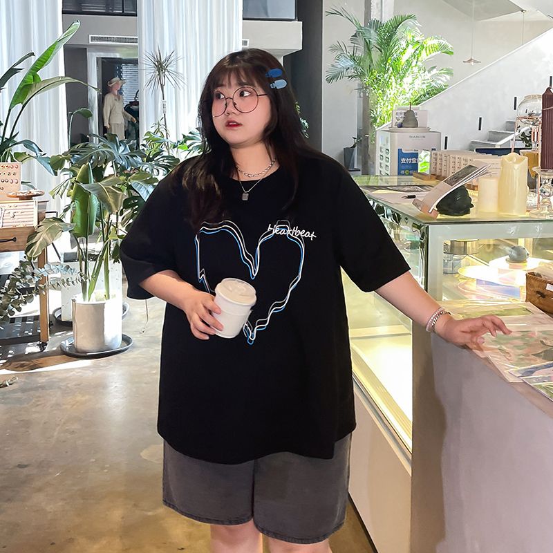 【特大尺碼M-5XL 40-150kg】特大尺碼女裝300斤情侶愛心印花短袖T恤潮夏季胖mm寬鬆顯瘦遮肉上衣 | 蝦皮購物
