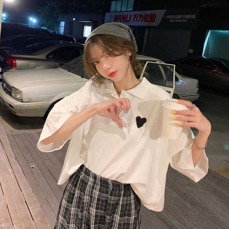 【特大尺碼M-5XL 40-150kg】300斤ins愛心刺繡polo領短袖T恤特大尺碼學生韓版短版顯瘦上衣ins潮 | 蝦皮購物