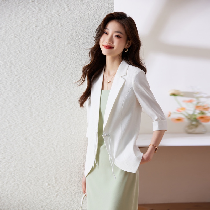 Miguo_國風系帶小西裝 黑色七分袖西裝外套 s-4XL 女夏新款 設計感小眾小個子薄款休閒西服上衣_6935 | 蝦皮購物