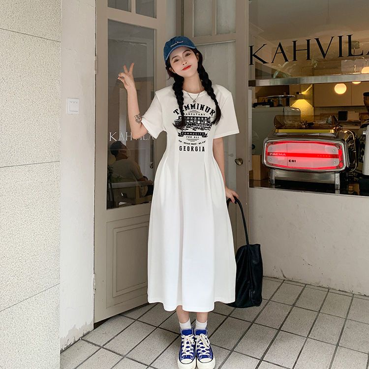 M-5XL 200斤 時尚T恤裙 大尺碼女裝 美式復古字母收腰洋裝 夏季胖mm印花寬鬆顯瘦長款T恤裙 秋季打底裙子 | 蝦皮購物