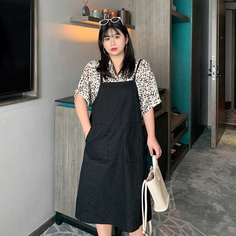 【特大尺碼M-5XL 40-150kg】 300斤特大尺碼女裝套裝胖mm洋氣時髦豹紋襯衫寬鬆吊帶洋裝遮肉夏 | 蝦皮購物