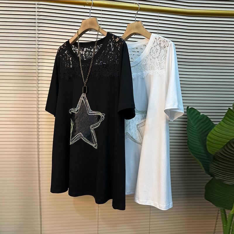 【特大尺碼M-5XL 40-150kg】胖MM2-300斤大尺碼女裝蕾絲拼接中長款過臀休閒百搭薄款短袖T恤上衣 | 蝦皮購物