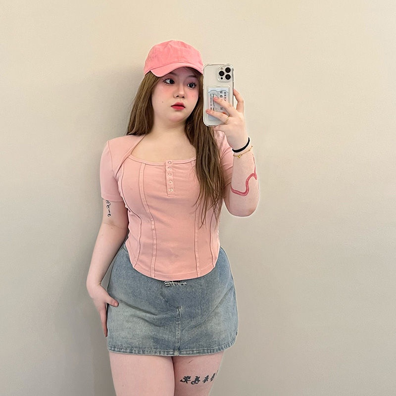 M~4XL 大尺碼嗲妹胖mm甜辣短袖T恤女生夏季新款性感顯瘦純欲風上衣 | 蝦皮購物