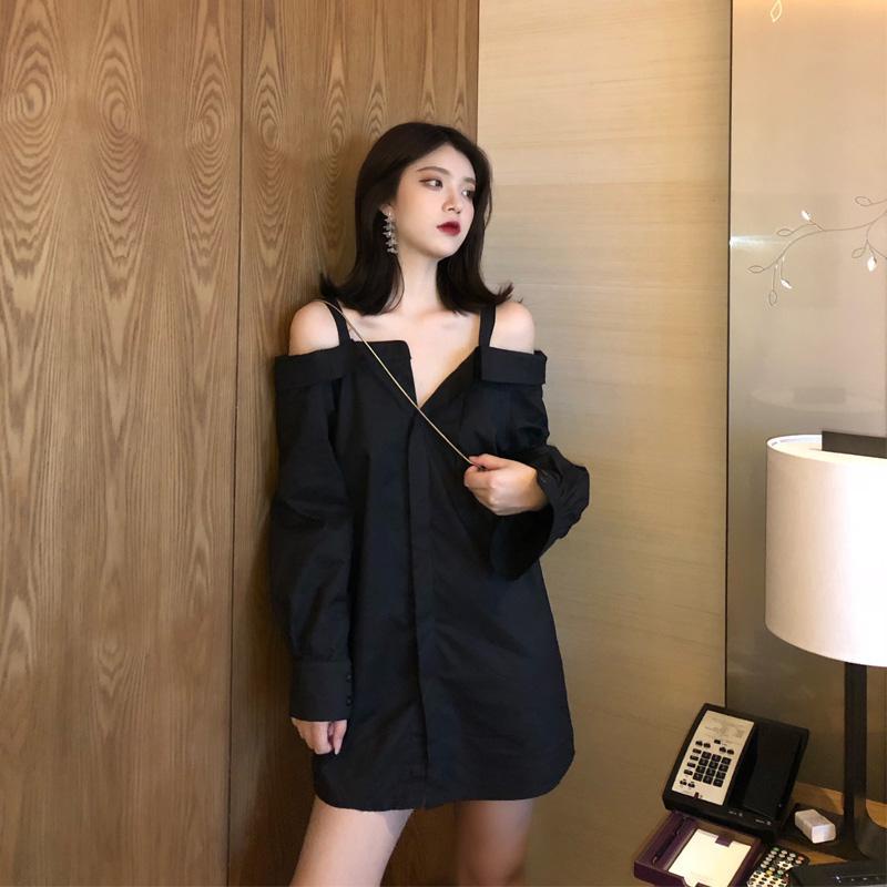 M~4XL 女生大尺碼長袖襯衫一字領性感露肩襯衫胖mm赫本風小黑裙顯瘦洋裝韓版寬鬆ins潮 | 蝦皮購物