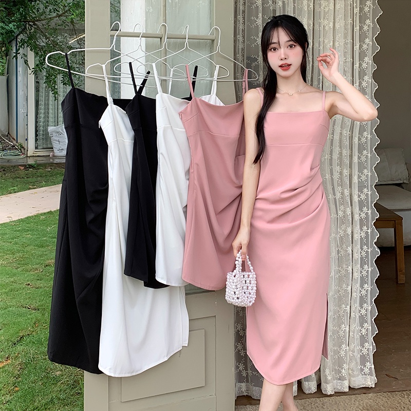 Miguo_甜美中式褶皱连衣裙 3色 M-4XL 長短版 夏季中长款吊带裙 大码女装_8038 | 蝦皮購物