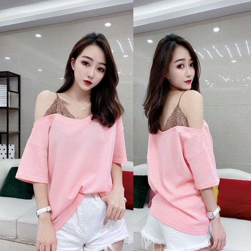 【特大尺碼M-5XL 40-150kg】 大尺碼胖mm2-300斤設計感露肩v領T恤女夏短袖寬鬆顯瘦休閒粉色上衣 | 蝦皮購物