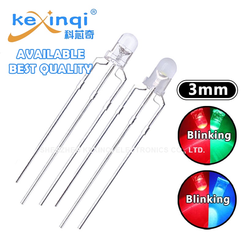 20顆f3 3mm閃光燈綠紅藍雙色LED發光二極管3針透明霧陰極陽極自動閃爍DIY | 蝦皮購物