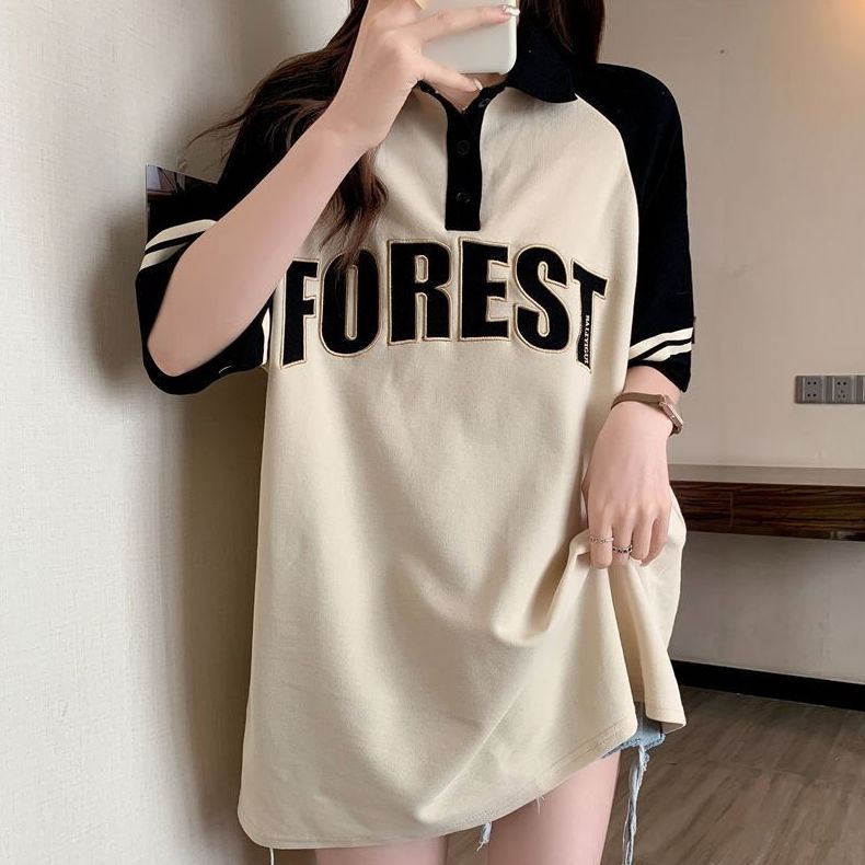 M~4XL 大尺碼女生短袖T恤字母印花polo衫拼接插肩寬鬆顯瘦慵懶風遮肚上衣ins潮 | 蝦皮購物