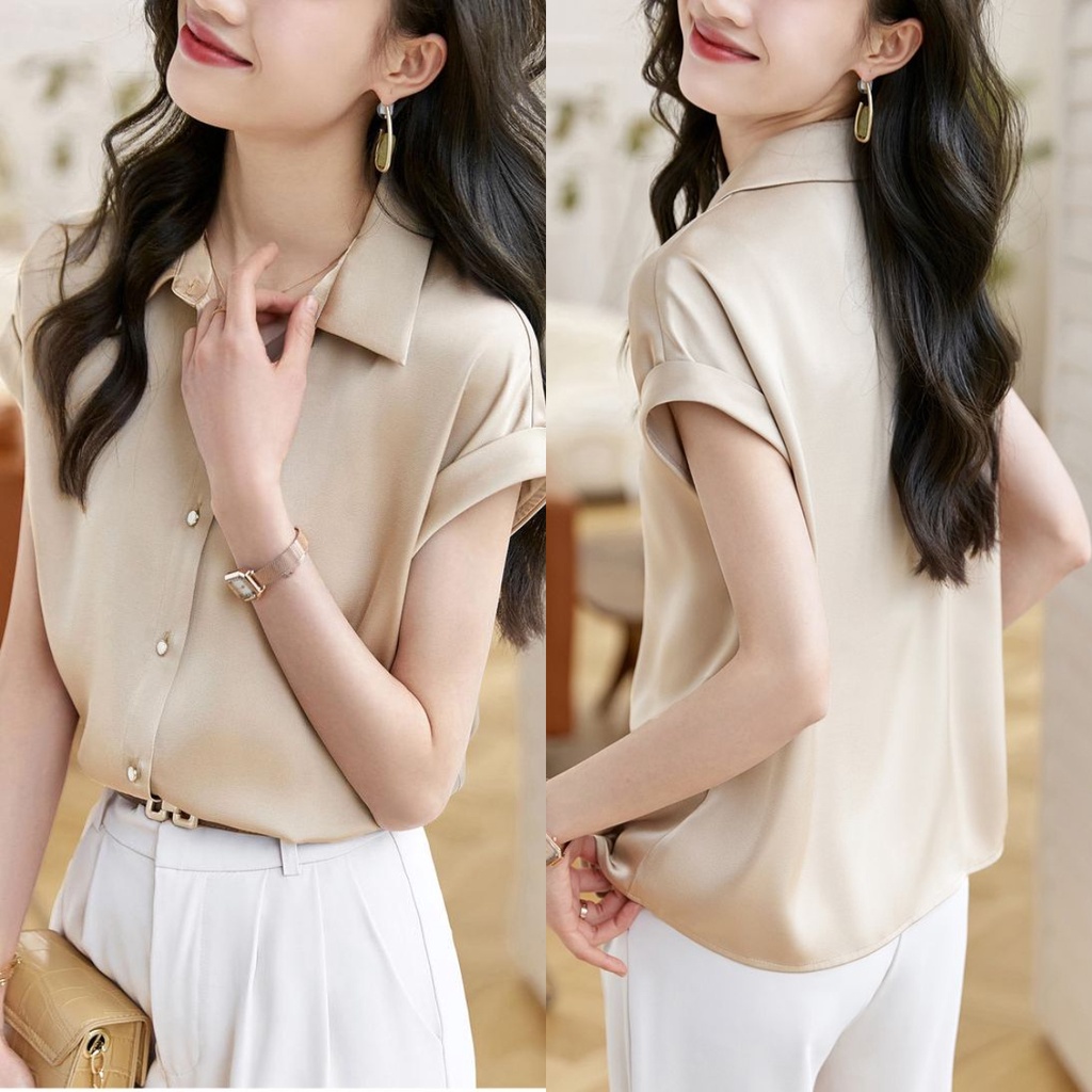 Miguo_現貨_polo領連袖港風襯衣 S-2XL 韓版時尚百搭氣質短袖單排扣襯衫 女裝襯衫_8005 | 蝦皮購物