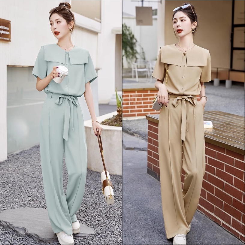 Miguo_现貨_显瘦闊腳褲套裝 2色 M-2XL 海军领短袖时尚气质上衣配高腰阔腿长裤 两件套 女裝_748 | 蝦皮購物