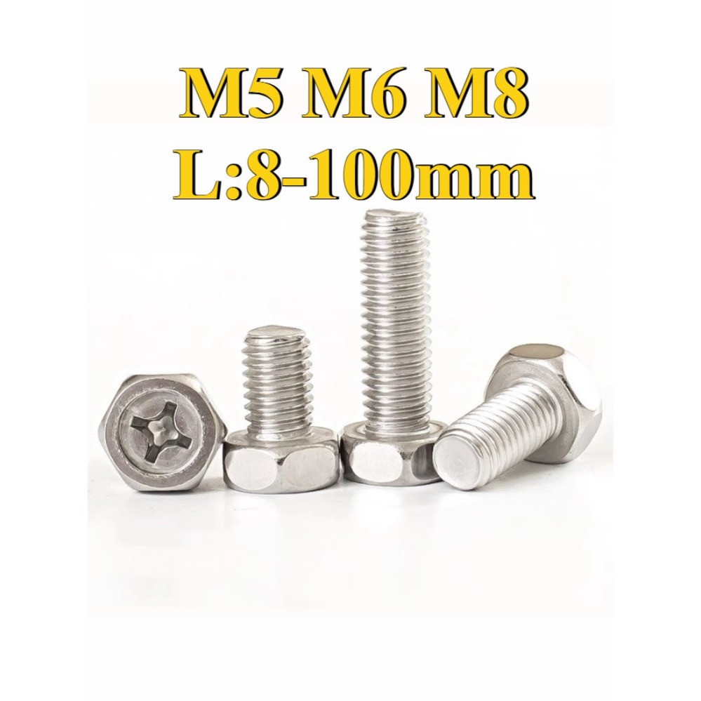 外六角螺栓/304不鏽鋼十字槽凹穴外六角螺栓 M5/M6/M8*L8-100mm（XZM-RM-TW-y） | 蝦皮購物