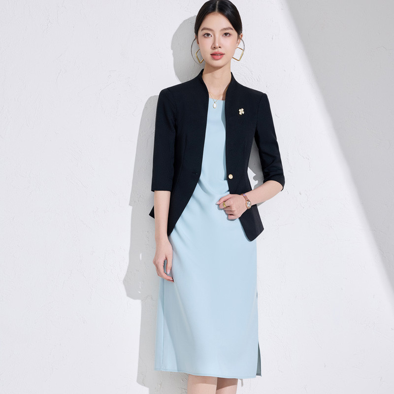 Miguo_淑女气质西装外套女 春夏款 通勤职业正装 工作服 西服套裙 一粒扣七分袖無領西裝外套加削肩洋裝兩件式套裝 | 蝦皮購物
