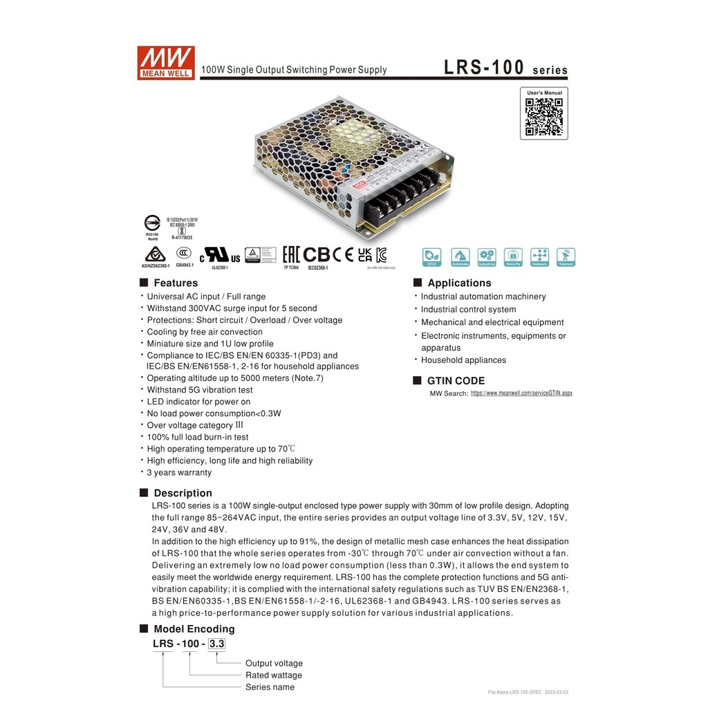 MEAN WELL LRS-100-5 LRS-100-12 LRS-100-15 LRS-100-24 LRS-100 | 蝦皮購物