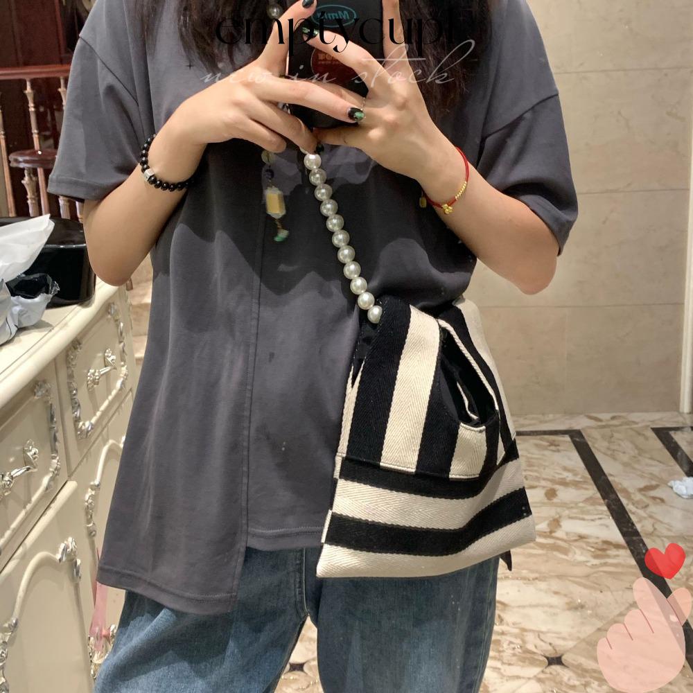 Emptycup 單肩包,珍珠鍊橫方帆布手提包,時尚串珠鍊珍珠條紋腋下包學生 | 蝦皮購物