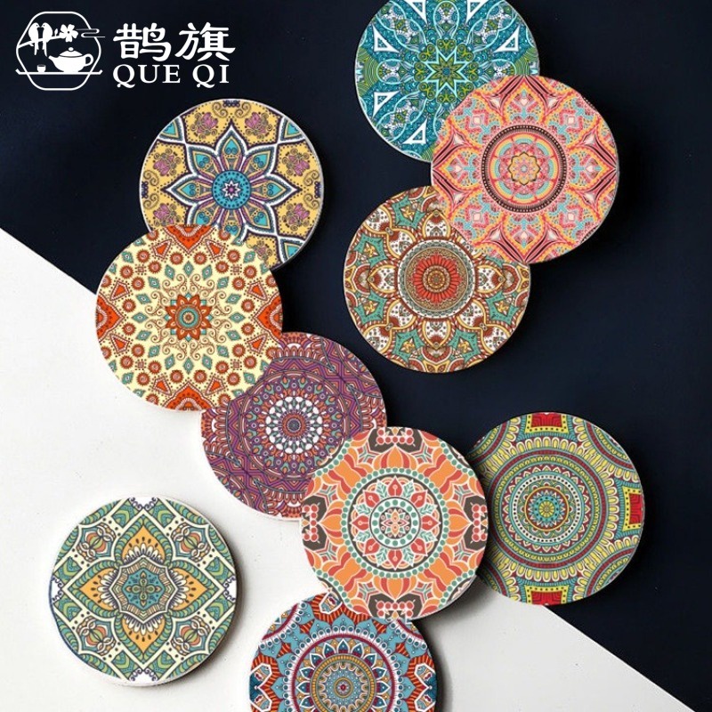 【鵲旗】精緻小巧 實用 陶瓷吸水杯墊 圓形四件套 杯墊 茶杯墊 隔熱墊 咖啡杯墊 | 蝦皮購物