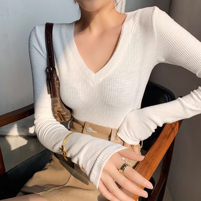 L-5XL 大尺碼女生長袖T恤胖mm大尺碼女裝新款純欲風性感v領打底衫內搭上衣ins潮學院風 | 蝦皮購物