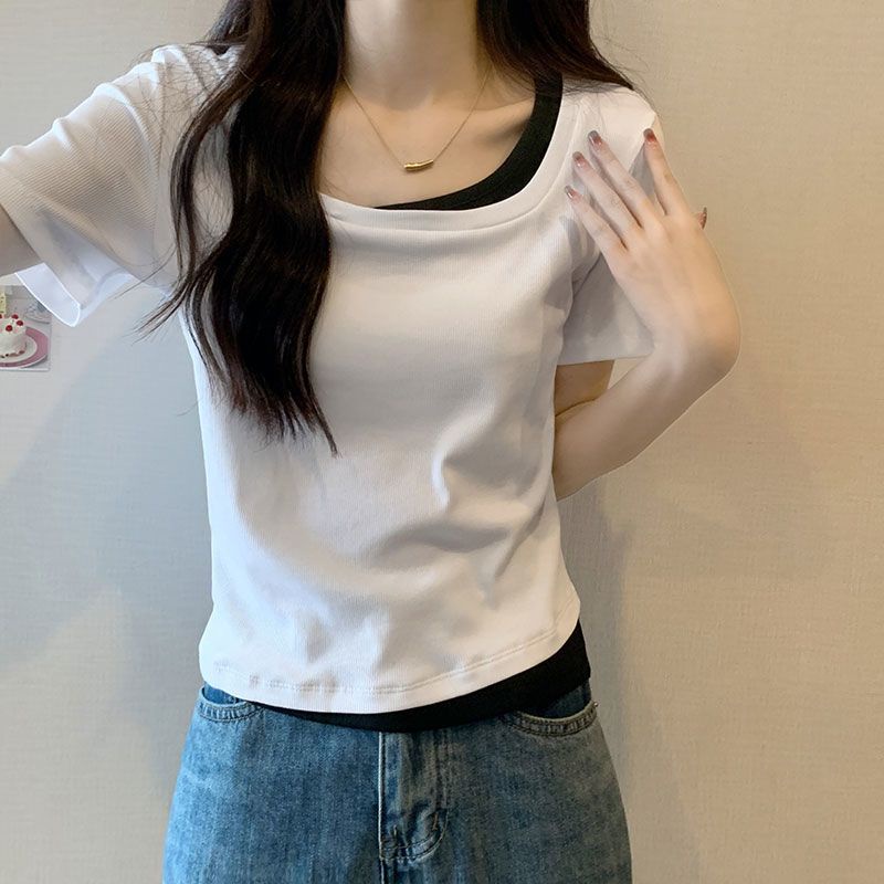 M-4XL 大尺碼上衣 假兩件上衣 冰絲短袖T恤 撞色冰絲短袖t恤女夏季新款修身大碼顯瘦打底衫拼接假兩件上衣ins | 蝦皮購物