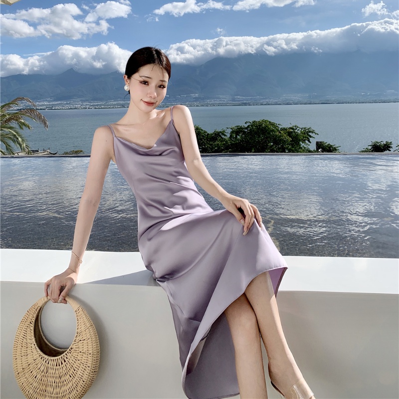 Miguo_醋酸質感緞面蕩領吊帶連衣裙女 6色任選 XS-XL 無袖驚艷長裙 一字領性感洋裝_9362 | 蝦皮購物