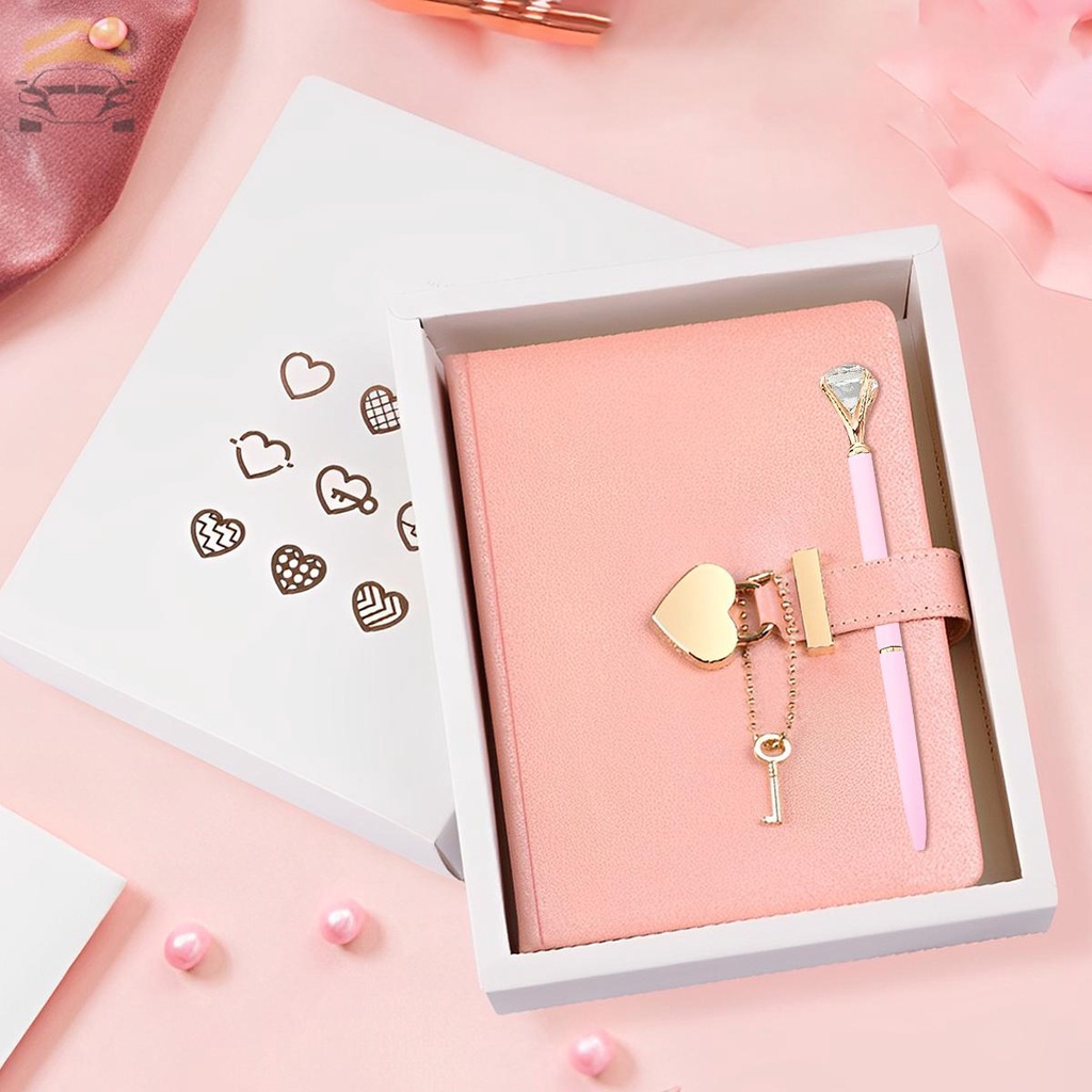 Heart Lock Diary with Lock Key Diamond Pen 144 張優雅秘密筆記本 PU 封 | 蝦皮購物