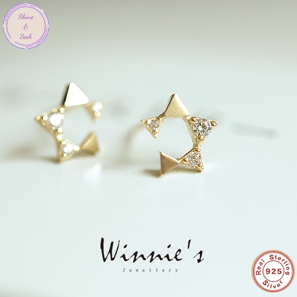 S925純銀鍍14K金 鑲嵌鋯石不規則星星五角星元素耳環 小清新耳環 | 蝦皮購物