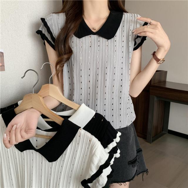 S-4XL 大尺碼女生短袖T恤大尺碼胖mm波浪邊撞色針織衫翻領短版上衣小個子新款百搭ins潮 | 蝦皮購物