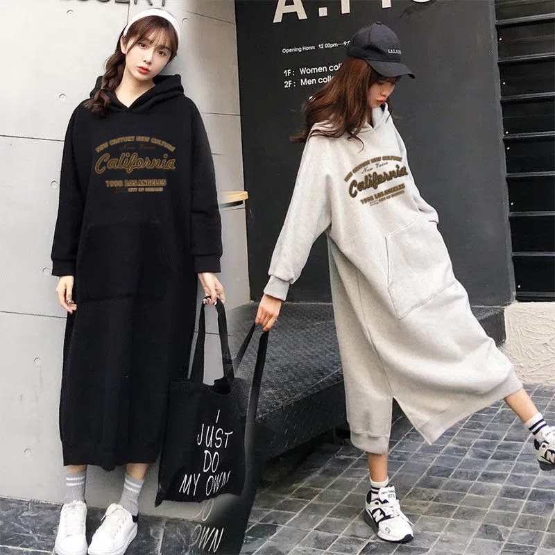 M-4XL 大尺碼 特大碼300斤衛衣長裙女秋冬胖MM寬鬆韓版加絨加厚連帽長款連衣裙 | 蝦皮購物