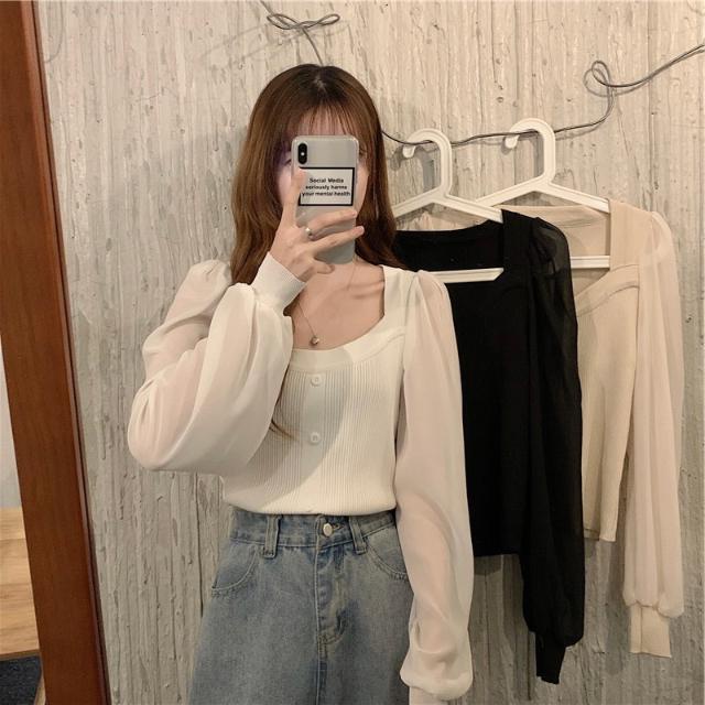 L-4XL 女生大尺碼長袖襯衫方領襯衫鎖骨設計感小眾拼接針織短版上衣學生時尚百搭ins潮 | 蝦皮購物