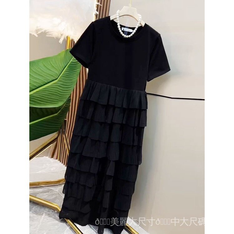 夏季2023新款大尺碼女裝胖妹妹mm時尚減齡洋裝顯瘦遮肚蛋糕長裙子 蝦皮購物