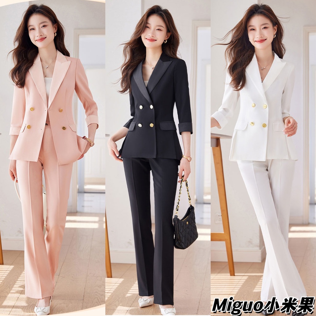 【Miguo小米果】高級感雙排扣七分袖西服套裝女 職場工作服 新款氣質OL西裝套褲 S-4XL 3色_55647 | 蝦皮購物