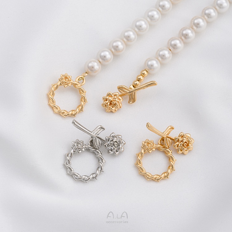 Ala-0209-高保色高品質-- 14K包金保色立體玫瑰花OT扣手工diy串珍珠項鍊飾品連接收尾扣配件 | 蝦皮購物