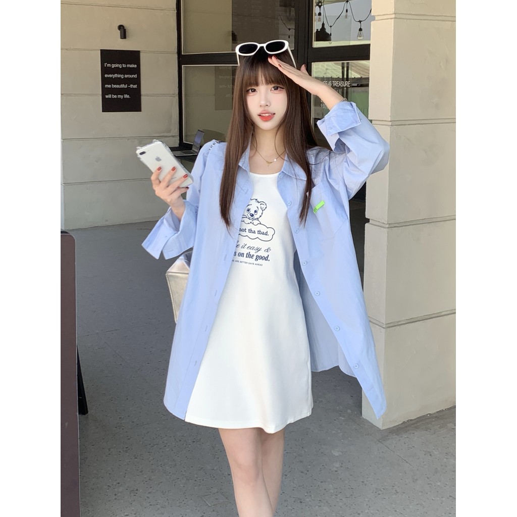 M-4XL 春天胖MM顯瘦兩件套 韓系減齡藍色襯衫+白色背心裙兩件套 大尺碼女裝 春天女裝 梨形身材 寬鬆顯瘦兩件套 | 蝦皮購物