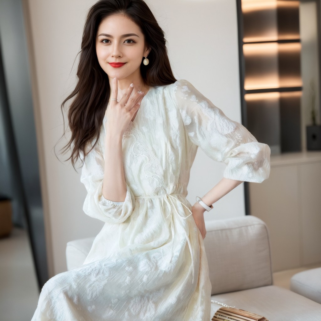 Miguo小米果_輕奢提花A字裙 V領收腰蕾絲X型中長款連衣裙 女裙 春夏新款洋裝 | 蝦皮購物