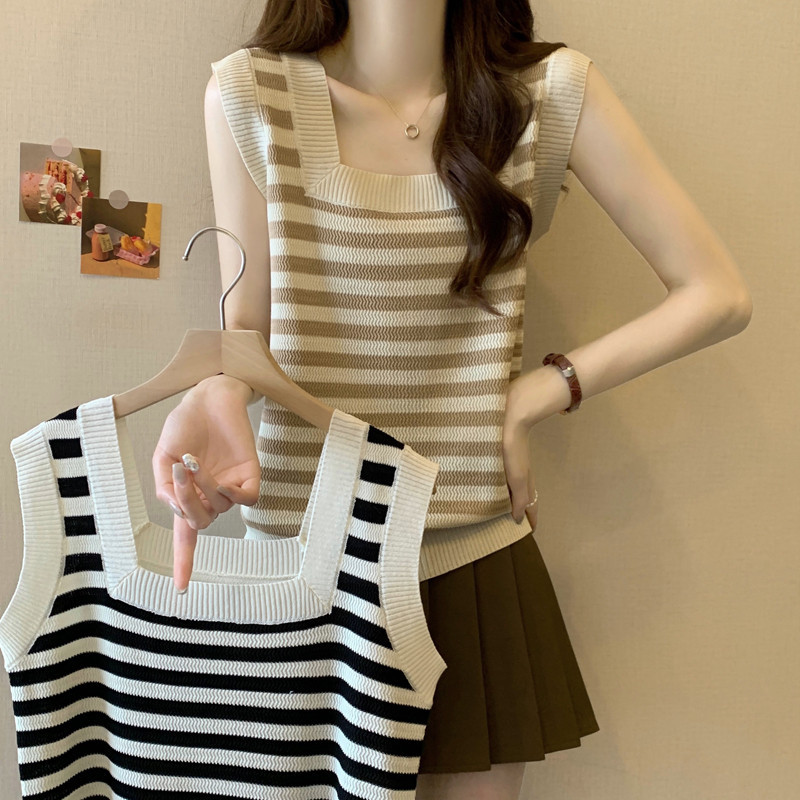 Miguo_大碼針織冰絲無袖T恤背心 夏季新款女裝 胖mm上衣 遮肚顯瘦條紋背心 | 蝦皮購物