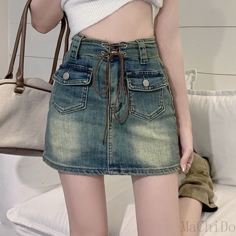 【MaChiDo】復古美式性感辣妹包臀短裙女早春季設計感小眾綁帶高腰牛仔半身裙 | 蝦皮購物