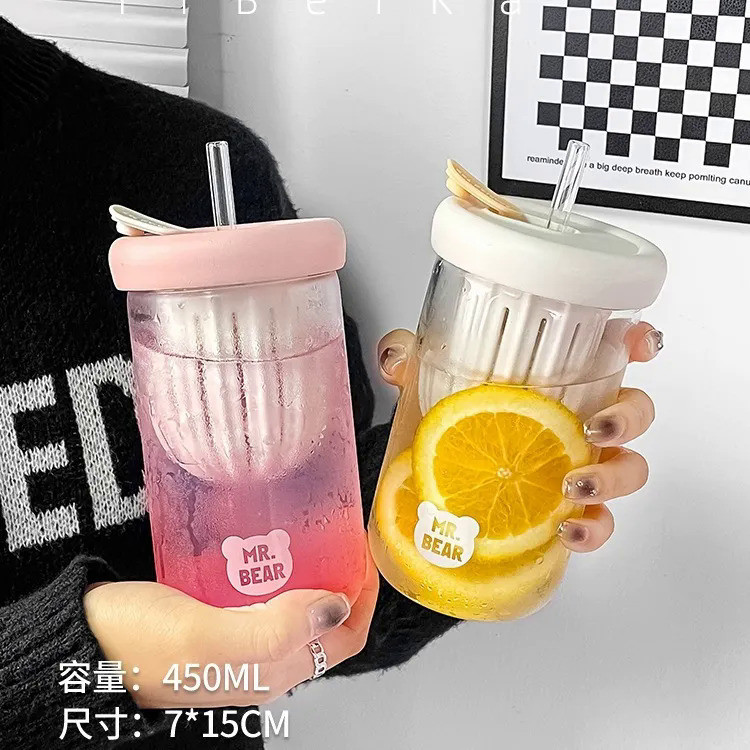 【現貨】 400ml韓國檸檬杯 玻璃杯 ins吸管杯 茶隔吸管杯 飲料杯 小水杯 | 蝦皮購物