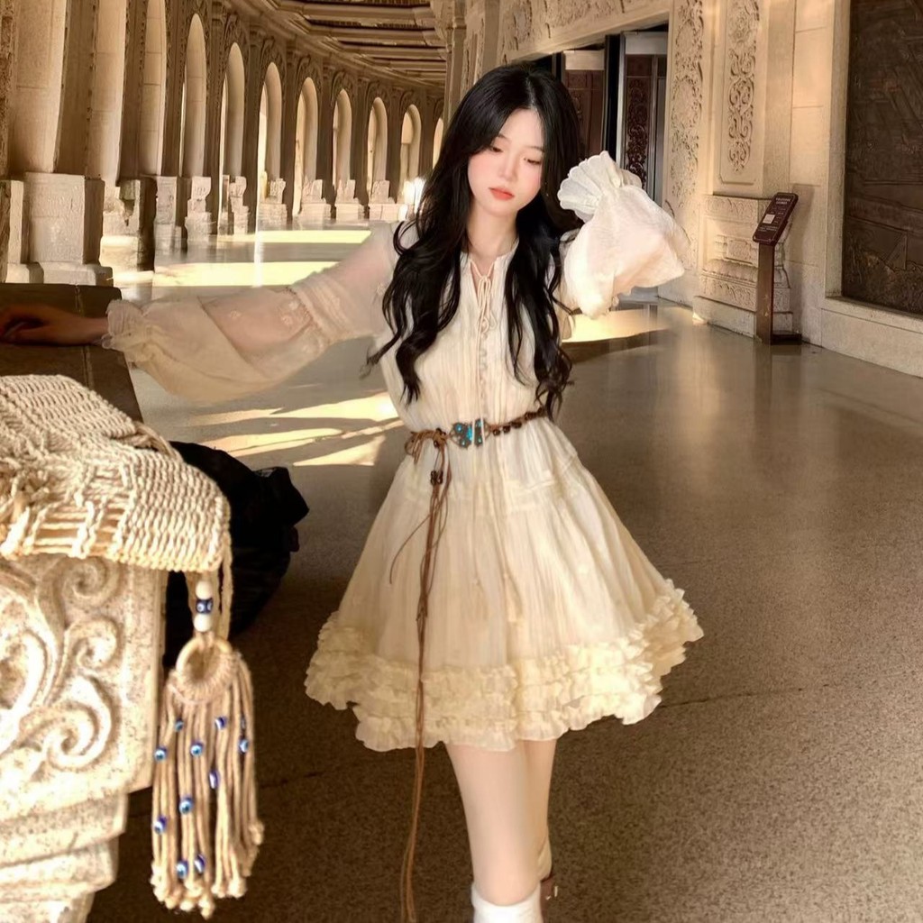 Miguo小米果_吉普賽少女 波西米亞風氛圍感繡花連衣裙 絕美小仙女長袖短裙洋裝 春日上新 | 蝦皮購物