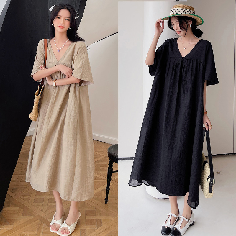 XL-4XL實拍現貨 夏上新胖mm夏季氣質長款V領通勤簡約時尚素面顯瘦洋裝 大尺碼洋裝 大尺碼女裝 | 蝦皮購物