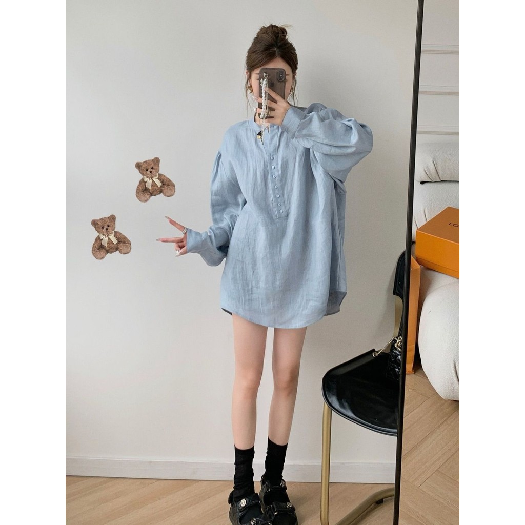 L-4XL 胖mm大尺碼女裝春秋款文藝外穿寬松套頭襯衫女裝圓領上衣 | 蝦皮購物