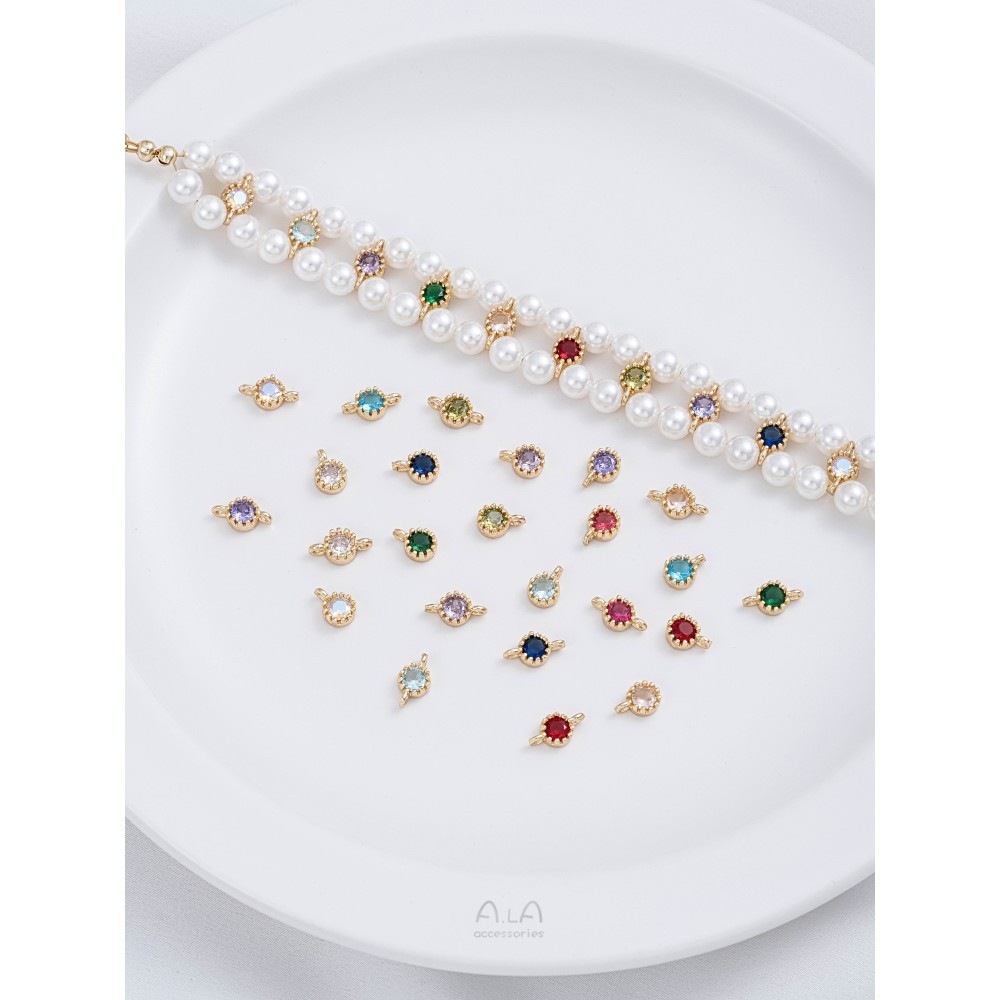 Ala- 14K包金保色彩鋯吊墜單顆鋯石雙排隔珠diy串手鍊耳環飾品配件材料 | 蝦皮購物