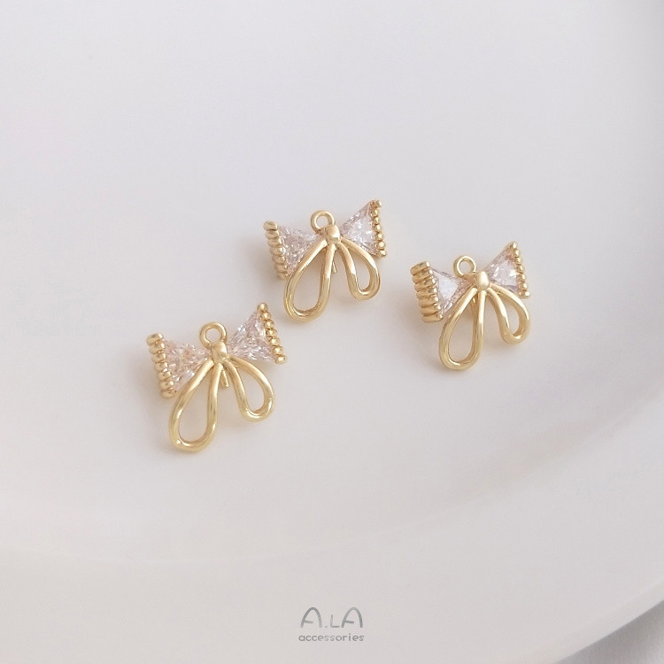 Ala- 14K包金保色鑲鋯石蝴蝶結半孔珠托吊墜領結珍珠托手工diy粘珠掛件 | 蝦皮購物