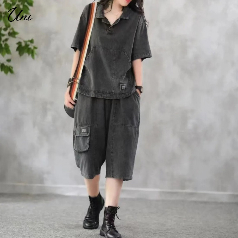 大碼媽媽裝牛仔套裝女胖MM2-300斤夏季時尚套裝七分褲寬鬆兩件套 | 蝦皮購物