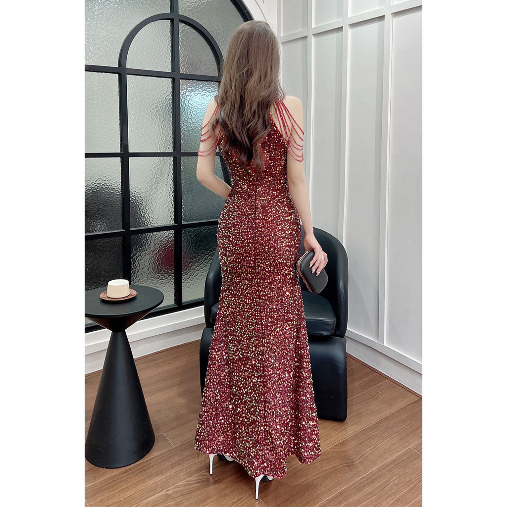 Miguo_Bling銀色亮片禮服 高級感輕奢晚禮服 新娘敬酒服 年會主持人禮服 表演服 宴會聚會禮服長裙 | 蝦皮購物